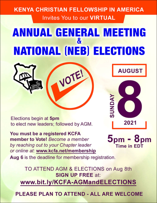 KCFA Annual General Meeting (AGM) & NEB Elections - Kenya Christian Fellowship in America